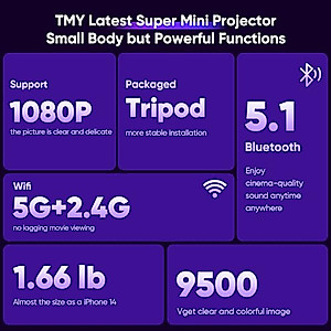 TMY Mini Projector for iPhone, Portable Projector with 5G WiFi and Bluetooth, 1080P HD Projector【with Tripod】, Movie Projector for iOS/Android/PC/TV Stick/HDMI/AV/USB, Indoor & Outdoor use