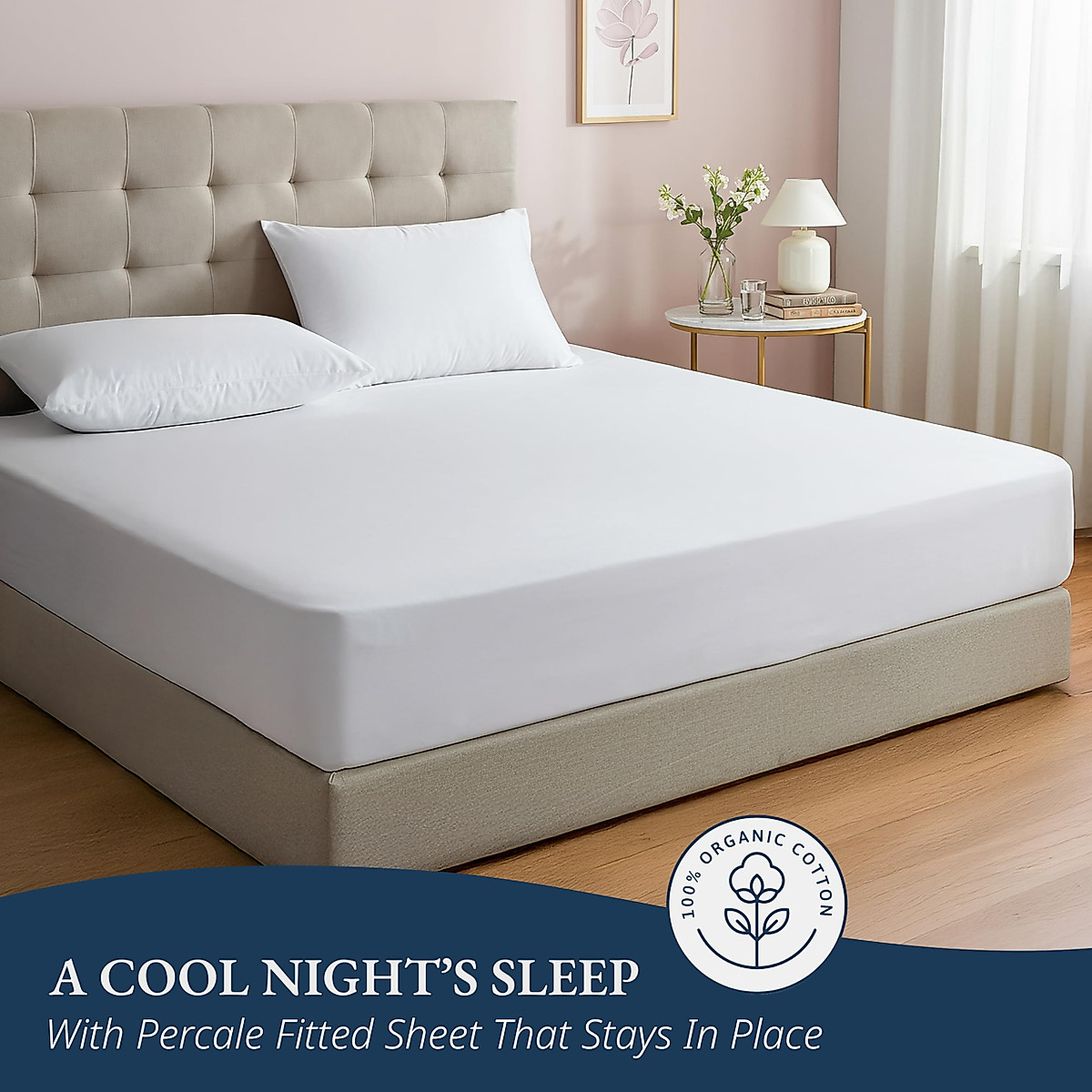 LANE LINEN Fitted Sheet Full Size, 100% Organic Cotton, 3-Piece Set (1 Fitted Sheet, 2 Pillowcases) Percale Weave, Bed Fitted Sheets, Breathable, Fits Mattress Upto 15" Deep - White (No Flat Sheet)