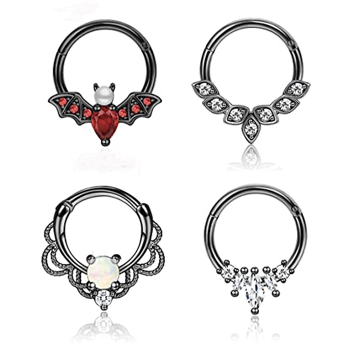 YACHY 4Pcs 16G Nose Rings for Women Man Cute Halloween Bat Ring Opal Cartilage Earrings Surgical Steel Nose Rings Hoop Tragus Helix Rook Daith Earrings Hinged Ring for Ear Nose Body Piercing Jewelry
