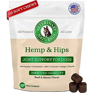 Veterinary Naturals Hemp & HIPS Joint Supplement for Dogs - 60 Soft Chews for Dog Hip and Joint Supplement with Glucosamine for Dogs, MSM, & Turmeric (Beef & Bacon)