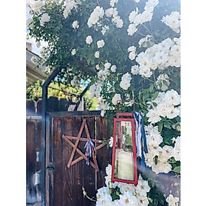 Red Outdoor Solar Lanterns - 11 Inch, Set of 2, Metal & Glass, Waterproof Flameless Pillar Candle, Dusk to Dawn Timer, Flickering LED Light, Rustic Vintage Patio