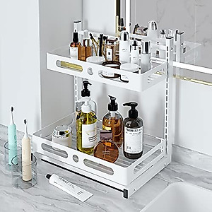 NETEL Under Sink Organizer,Pull Out Sliding Cabinet Basket Organizer 2 Tier Under Bathroom Storage Rack, Multi-Use for, Height Adjustable, With PP Frosted Pad, With strong double-sided adhesive, White