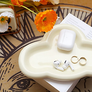 MDFAYE Jewelry Dish Trinket Tray for Women, Ring Dish Holder, Unique Cloud Shape Ceramic Plate Cute Things Vanity Aesthetic Room Decor Mother's Day Birthday Christmas Warm House Gifts (Crème)