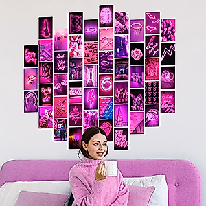 KOLL DECOR Pink wall collage kit - 50 Set 4''x6'' Prints Aesthetic wall images neon posters hot pink wall decor Room Collage Decoration for Teen Girls