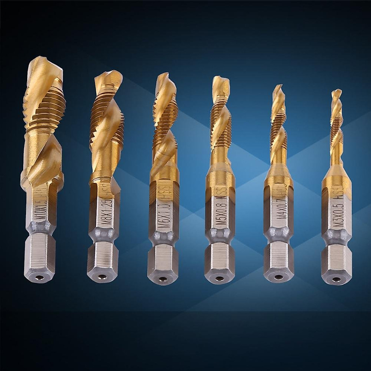 Combination Drill Tap, 6pcs 1/4" Hex Shank Metric Thread, M3-M10 Coated HSS Drill and Tap Bits Screw Taps Tool Set