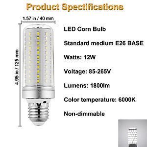 RAYHOO 12W LED Light Bulbs Incandescent 100-150 Watts Equivalent, E26/E27 Base, 1800Lumens Ultra Bright, Non-Dimmable,Pack of 2 (6000K White)