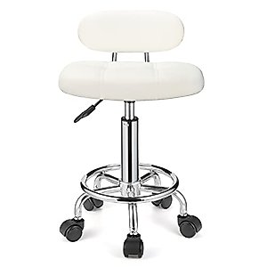 FNZIR Square Rolling Stools with Backrest Height Adjustable Swivel Stool with Wheels White