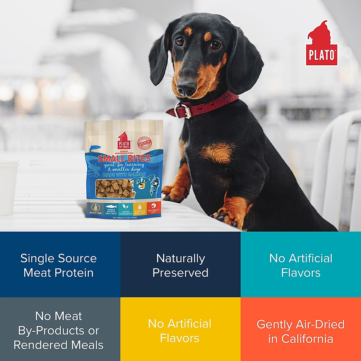 PLATO Small Bites Dog Treats, Natural Bite Sized Real Meat & Salmon Flavor, Grain Free & High in Protein, Air Dried Authentic Ingredients, 2 Calories Per Treat, Made in the USA, 6 Ounces