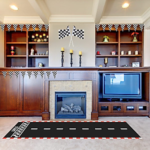 Racing Car Party Decorations Supplies 6.6 x 2 Ft Long Racetrack Floor Running Mat, 6.6 Feet Checkered Racing Pennant Banner, 10 Pcs Checked Race Flags with Stick for Birthday Race Car Party Decors