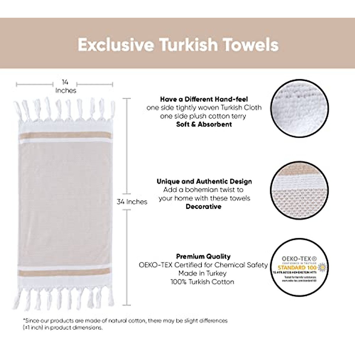 sea me at home Turkish Hand Towels for Bathroom, Kitchen Towels Decorative Set of 2, Luxury Turkish Cotton Dish Tea Towels 14 x 30 Inches for Bohemian, Rustic, and Farmhouse Decor (Beige)