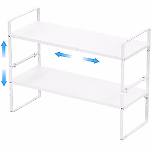 GEDLIRE Expandable Kitchen Cabinet Shelf Organizers 2 Pack, Stackable Metal Pantry Storage Shelves Rack, Adjustable Counter Shelf for Cabinets, Countertop, Cupboard Organizers and Storage, White