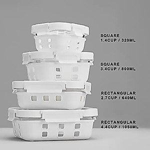 GENICOOK Borosilicate Tempered Glass Food Storage Containers with Glass Lids - Food Grade Silicone Wrap & Air Release Vent, Rectangular shape - 8 Pc Set (4 Containers - 4 Matching Lids) White