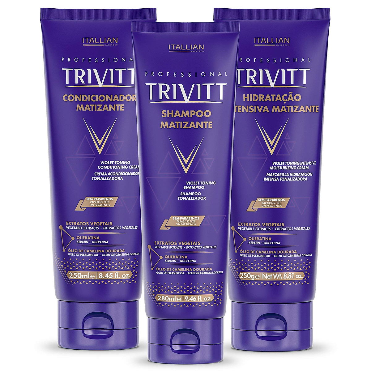 3 Piece Violet Toning Kit for Blonde Hair - Shampoo 280ml, Conditioner Cream 250ml, Intensive Moisturizing Cream 250ml for Advanced Hydration and Repair - Professional Trivitt by Itallian Hairtech