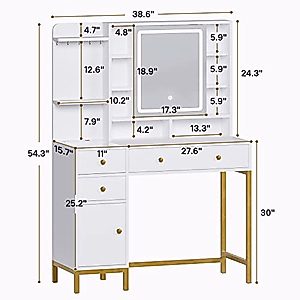 Makeup Vanity with Lights, Vanity Desk with Openable Mirror & 3-Color Dimmable, White Vanity Table with Charging Station, Makeup Desk with Visual Drawer, Hooks, Hidden and Open Storage Shelves