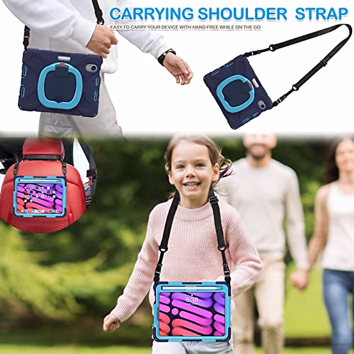 BATYUE iPad Mini 6 Case, iPad Mini 6th Generation Case with Apple Pencil Charging Pencil Holder/ 360° Swivel Stand/Handle Grip/Shoulder Strap, Shockproof Protective Rugged Case - Navy Blue+Blue