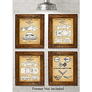 Original Corvette Patent Art Prints - Set of Four Photos (8x10) Unframed - Makes a Great Man Cave Decor and Gift Under $20 for Corvette Owners and Car Enthusiasts