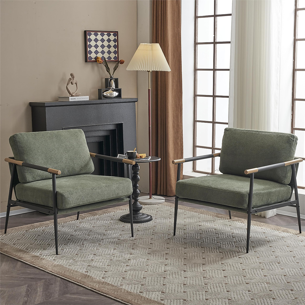 Penifun Modern Chic Accent Metal Frame, Upholstered Chenille Living Room Chairs with Removable Seat & Back Cushion, Comfy Leisure Lounge Reading Side Armchair for Bedroom, Green