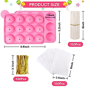 JULMELON Cake Pop Mold,12pcs Capacity Silicone Cake Pop Mold Set, Cake Pop Maker with 100pcs Cake Pop Sticks 100pcs Candy Treat Bags100pcs Gold Ties for Lollipop Candy Chocolate Making and Packing