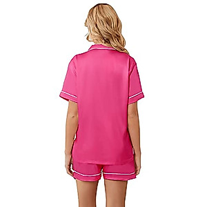 Silk Pajamas Sets for Women, 2 Pcs Sleepwear Silk Button-Down Pj Lounge Set, Hot Pink, US XS