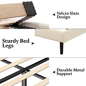 Gruwans Queen Size Bed Frame with Upholstered Wingback Headboard, Easy Assemnly Platform Bed, Wooden Slat Support No Box Spring Needed, Cream