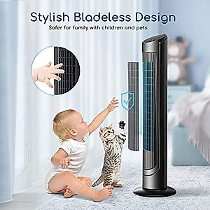 Tower Fan, 40“ Oscillating Tower Fan with Remote Control, Electric Quiet Cooling Bladeless Fan 3 Wind Modes & Speeds, 7.5H Timer, Standing Floor Fan Portable for Home Bedroom Office, Black, Windy