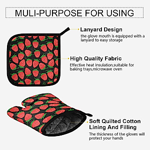 Pot Holders Oven Mitts Sets - Strawberry Fruit Cooking Gloves Hot Pads Non-Slip Potholders for Kitchen Grilling Cooking