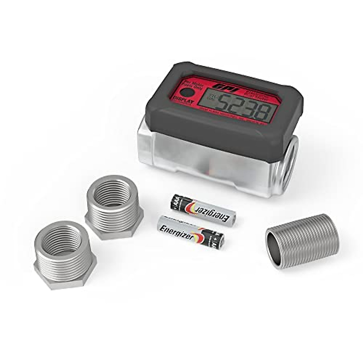 GPI 113255-1, (GALLONS) 01A31GM Aluminum Turbine Fuel Flowmeter with Digital LCD Display, 3-30 GPM, 1-Inch FNPT Inlet/Outlet, 0.75-Inch Reducer Bushings, ±5% Accuracy