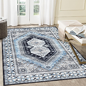GarveeHome 8x10 Washable Area Rug Boho Living Room Rug Non-Slip Nursery Rug Low-Pile Retro Carpet Print Distressed Rug for for Laundry Dining Room Office, Blue/Grey