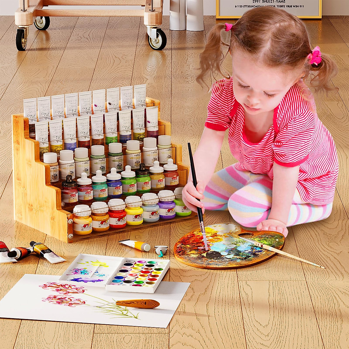 LUMAMU Paint Organizer, 5 Tiers Craft Paint Storage Organizer, Bamboo Paint Holder Organizer for 2oz Paint Tube and Bottles, Paint Storage Rack for Miniature Paints