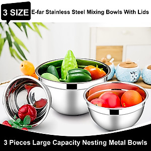 E-far Mixing Bowls with Lids, 6-Piece Stainless Steel Salad Bowls Metal Nesting Bowls for Baking Cooking and Prepping, Airtight Lids & Stackable Design, Size 4.5, 3, 1.5 QT (Black)