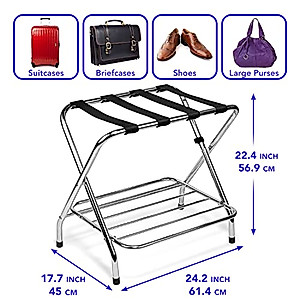 USTECH 2 Tier X-Shape Folding Luggage Rack | Heavy Duty Metal Stand with Nylon Straps and Rubber Feet for Added Stability | Suitcase Bag Holder for Guest Room, Bedroom, and Kitchen