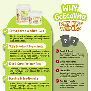 GoEcoVita Pet Eye Wipes for Dogs & Cats | Gently Removes Tear Stains, Eye Debris, Discharge, Mucus Secretions | Chamomile Oil Pet Cleaning & Deodorizing Wipes for Eyes & Stains (100 Count)