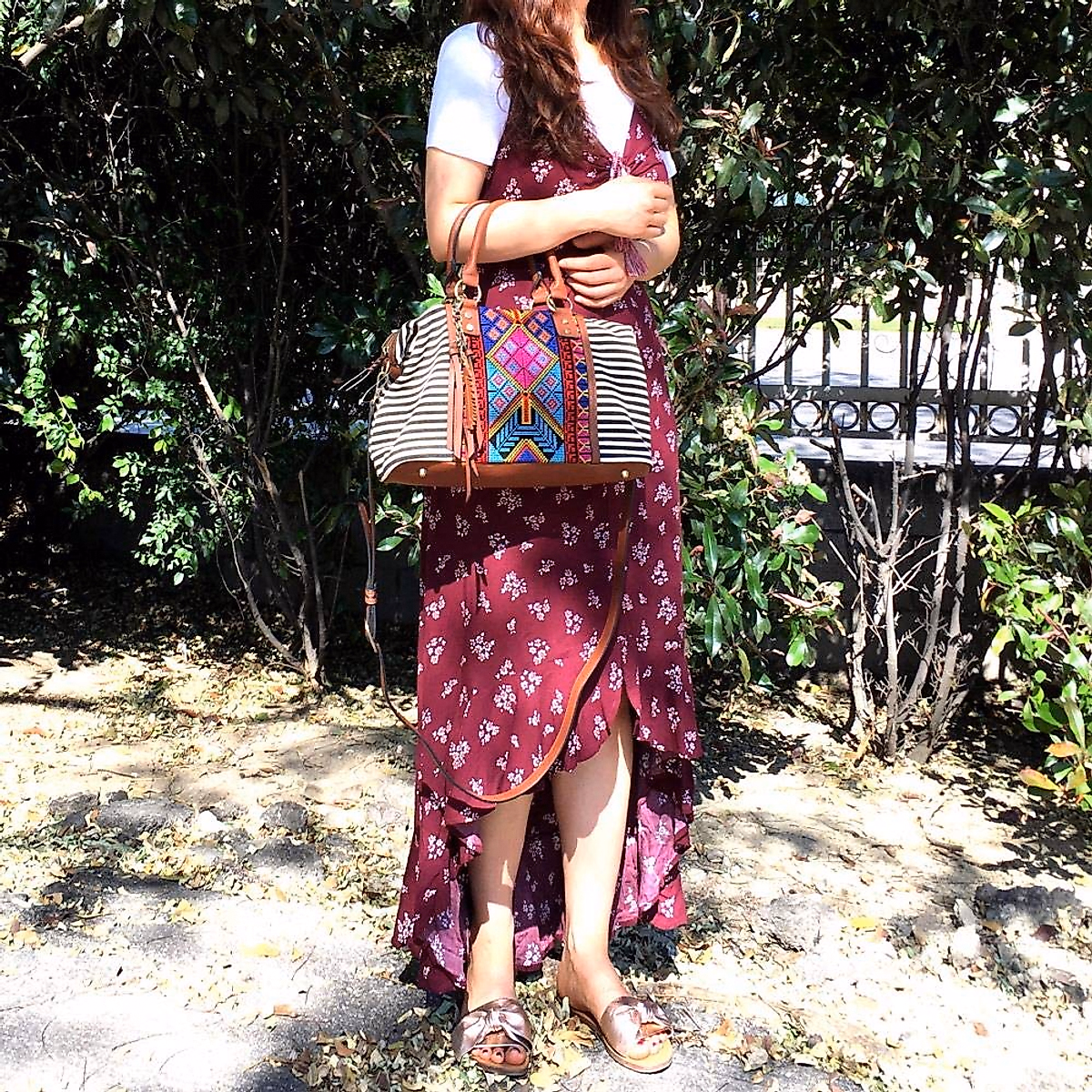 Boho Tassel Leaf Charm Aztec & Stripe Embroidered Canvas Satchel Tote Handbag Purse (Embroidered Satchel - Black/Black)