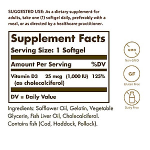 Solgar Vitamin D3 (Cholecalciferol) 25 mcg (1000 IU), 100 Softgels - Helps Maintain Healthy Bones & Teeth - Immune System Support - Non-GMO, Gluten Free, Dairy Free - 100 Servings