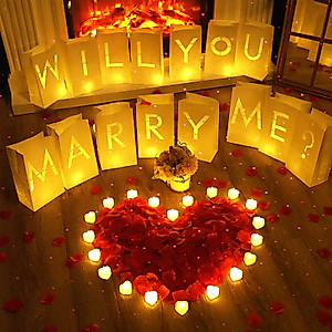 Coume 2051 Pcs Proposal Decorations Kit 15 Will You Marry Me Sign Luminary Paper Bags 2000 Rose Petals 36 Heart Flameless Candles with USB Romantic Night Light for Proposal Wedding Party(Warm White)