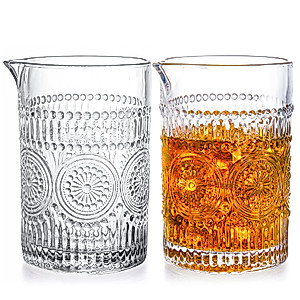 Kingrol Professional Cocktail Mixing Glasses, Set of 2, 21 Ounces Heavy Duty Mixing Pitchers for Stirred Cocktail, Crystal Clear Stirring Glasses, Fancy Embossed Design