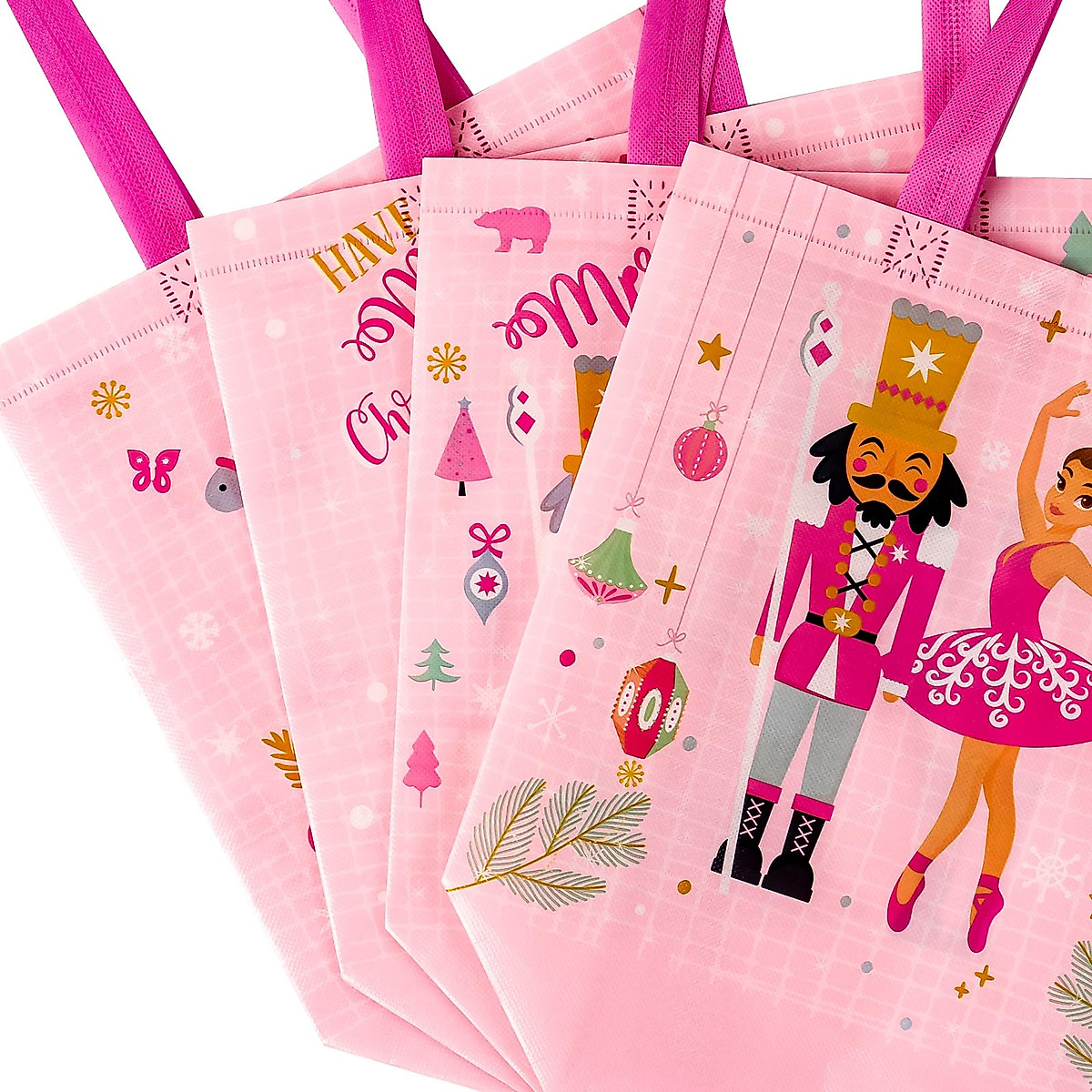 LeZakaa 12PCS Bags with Handles, Pink Recycled Bags, Treat Bags, Multifunctional Non-Woven Christmas Bags for Child, Kids - Cartoon Pattern, 10.5' x 5'x 10.5'