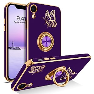 BENTOBEN iPhone XR Case, Phone Case iPhone XR 6.1, Slim Fit Gold Butterfly Design Kickstand Ring Holder Shockproof Protection Soft TPU Bumper Drop Protective Girl Women Boy iPhoneXR Cover, Deep Purple