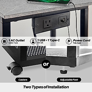 Redlife C Shaped End Table, Small Side Table with Rolling Wheels for Couch with Charging Station, High Slide Under Sofa TableSnack Side Table with Storage Basket for Small Spaces(Grey)