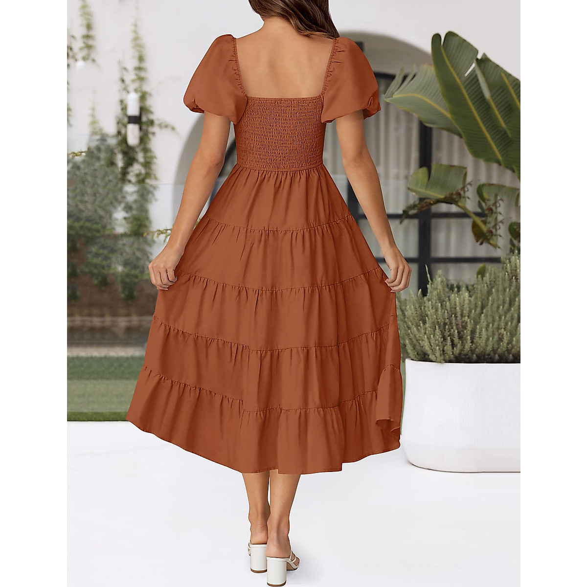 ZESICA Women's 2025 Summer Square Neck Short Puff Sleeve Solid Color High Waist Casual Smocked Flowy A Line Tiered Midi Dress,Rust,Small
