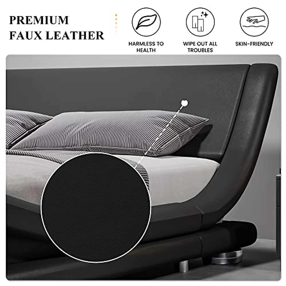 SHA CERLIN Queen Size Upholstered Bed Frame, Deluxe Low Profile Sleigh Bed with Faux Leather Ergonomics Headboard, No Box Spring Needed & Easy Assembly, Black