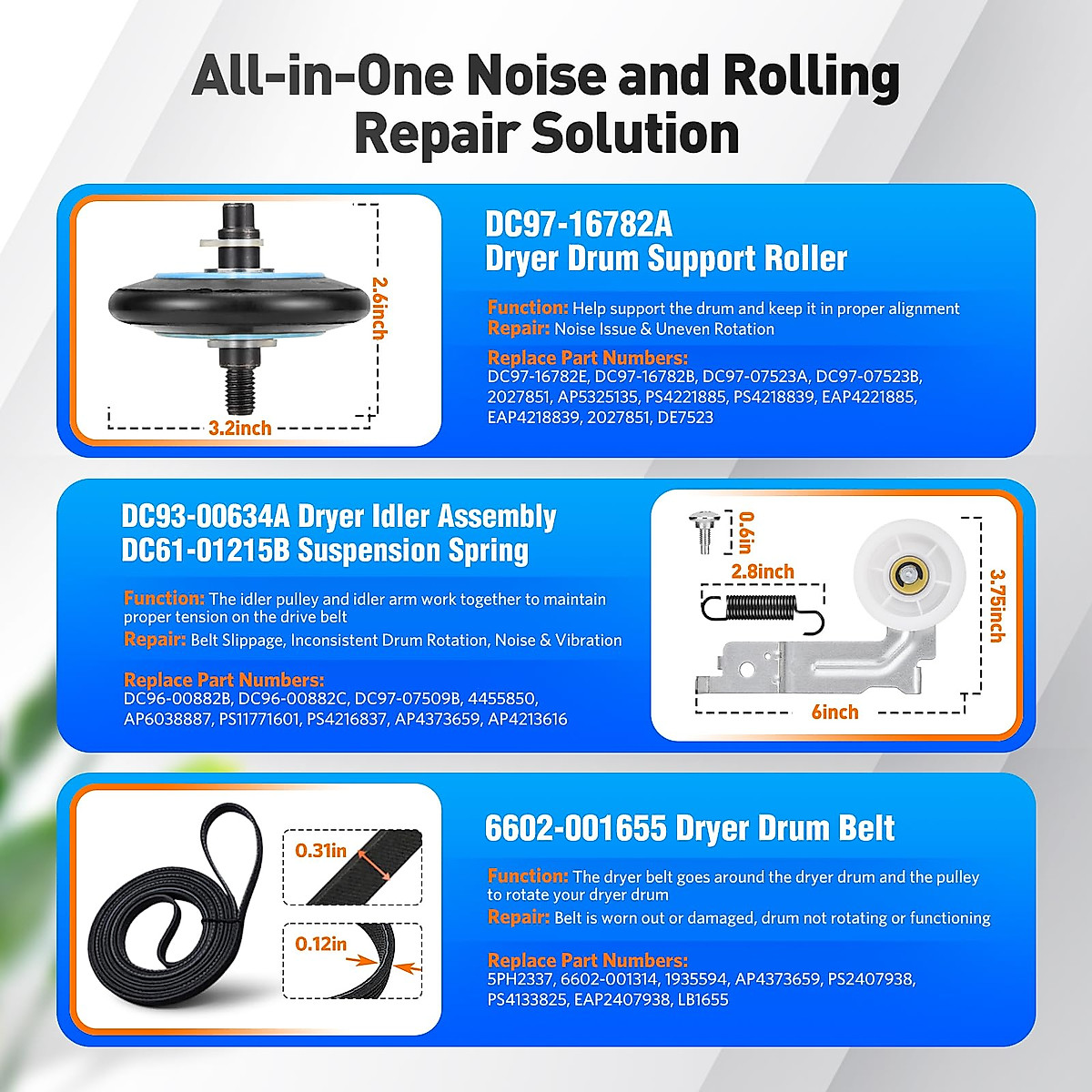 Upgraded Dryer Roller Replacement Kit for Samsung DC97-16782A Dryer Drum Support Roller DC93-00632A Dryer Idler Pulley 6602-001655 Belt Dryer Parts Fits DV42H5000EW/A3 DV45H7000EW/A2 DV48H7400EW/A2