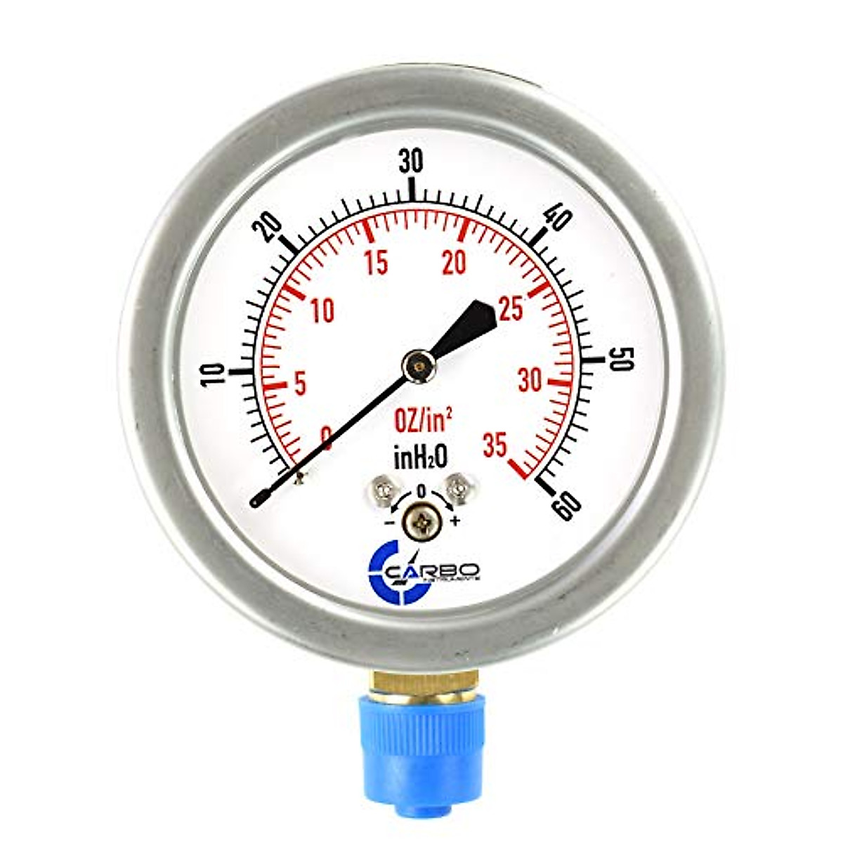 CARBO Instruments Diaphragm Low Pressure Capsule Gauge, 2-1/2" Dial, 0-35 oz/0-60in H2O Range, 1/4" NPT Lower Mount, Stainless Steel Case, Brass Internals, Adjustable, Dual Scale 35 oz/60 inH2O (IWC)