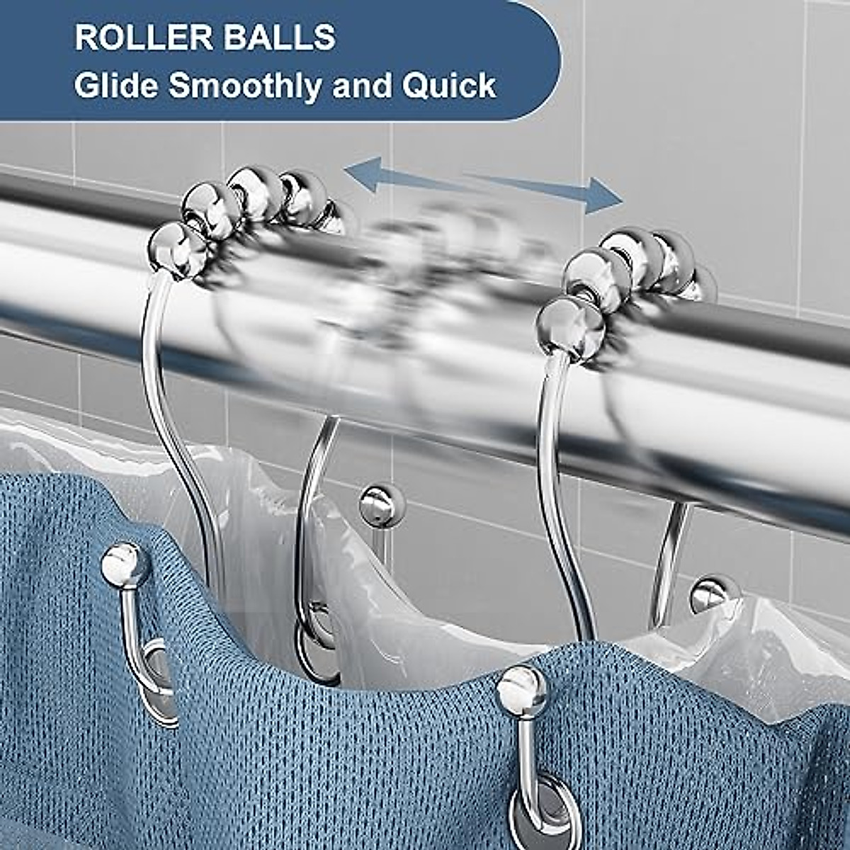 BBLHOME Shower Curtain Hooks, Shower Curtain Rings Rust Proof Metal Smooth Glide Double Shower Curtain Hooks for Bathroom Shower Curtains Rod, Kitchen Utensils,Towels, Set of 12,Chrome