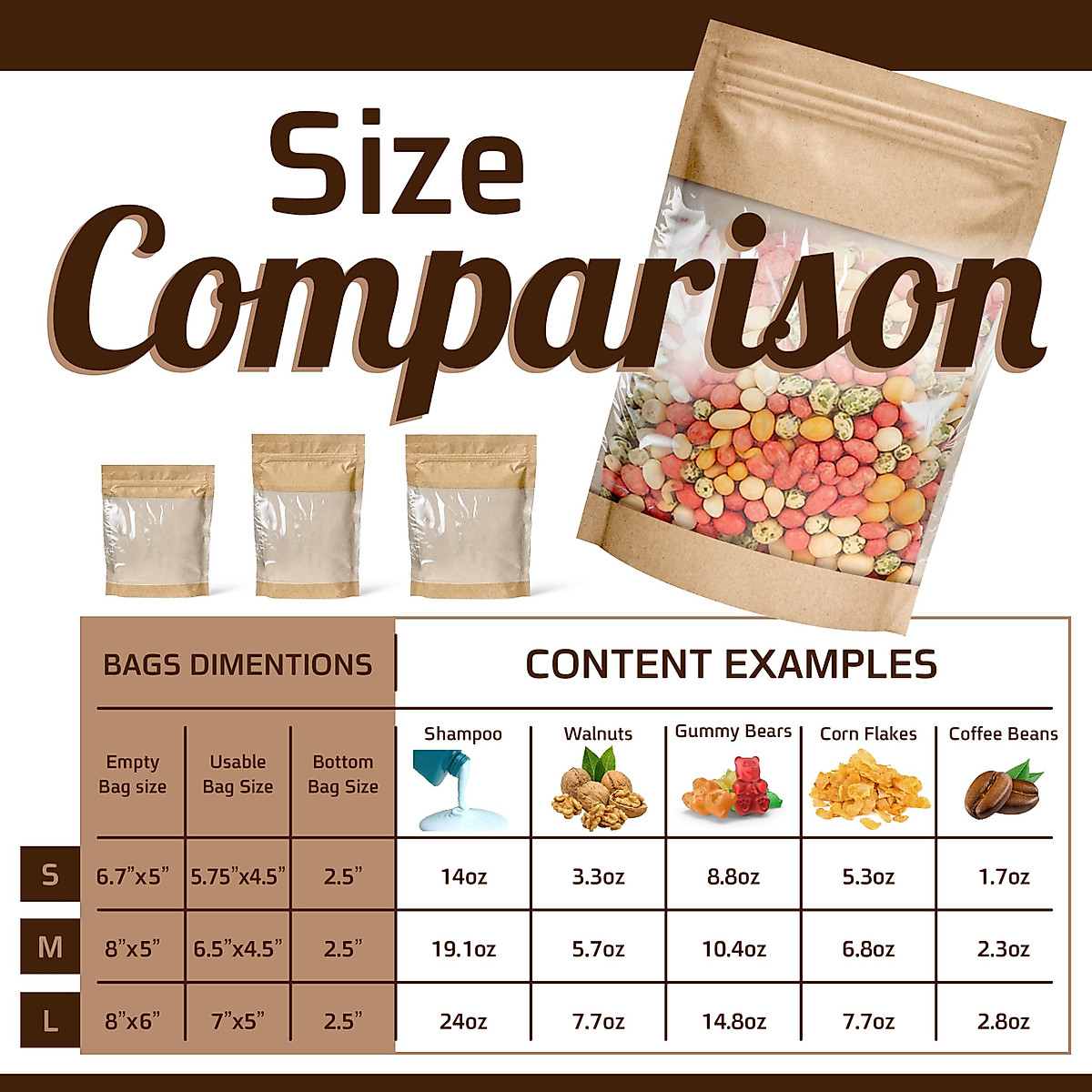 Resealable, Disposable Standup Paper Bags. Large Window. 40 PK Airtight, Waterproof, Zip Lock - Food Grade. Long Shelf-Life, Multipurpose Storage. Packing for Businesses & Private (5 * 6.7 inches)