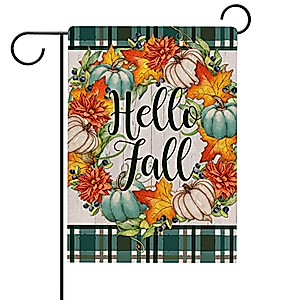 Hzppyz Hello Fall Home Decorative Garden Flag Pumpkins Maple Leaves Wreath, Welcome Autumn House Yard Blue Buffalo Plaid Decor, Farmhouse Outside Decoration Seasonal Harvest Outdoor Small Flag 12 x 18