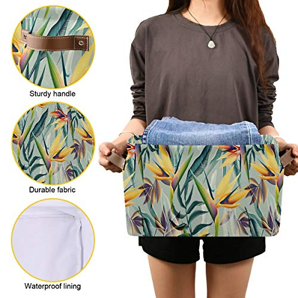 Storage Basket Cube Tropical Palm Flower Leaves Large Collapsible Toys Storage Box Bin Laundry Organizer for Closet Shelf Nursery Kids Bedroom,15x11x9.5 in,2 Pack