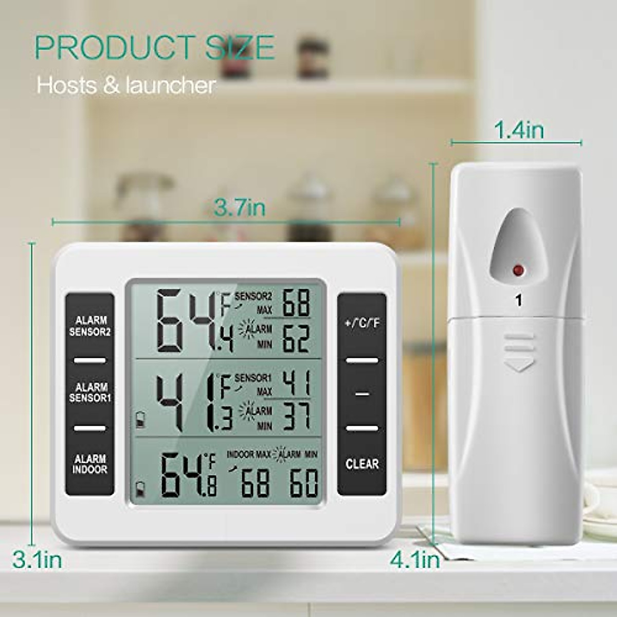 ORIA Refrigerator Thermometer, Wireless Digital Freezer Thermometer with 2 Wireless Sensors, Wireless Indoor Outdoor Thermometer, Audible Alarm, Min and Max Display, LCD Display for Home, Restaurants