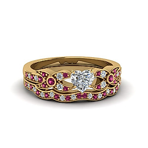 CustomizedGifts Flower Pave Diamond Wedding Ring Set yellow gold plated Created Pink Sapphire Heart shape Pink color Wedding Ring Sets bezel Setting in Size 4 Handcraft Chakra Healing