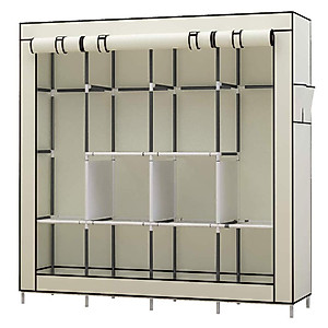 UDEAR Portable Closet Large Wardrobe Closet Clothes Organizer with 6 Storage Shelves, 4 Hanging Sections 4 Side Pockets,Beige